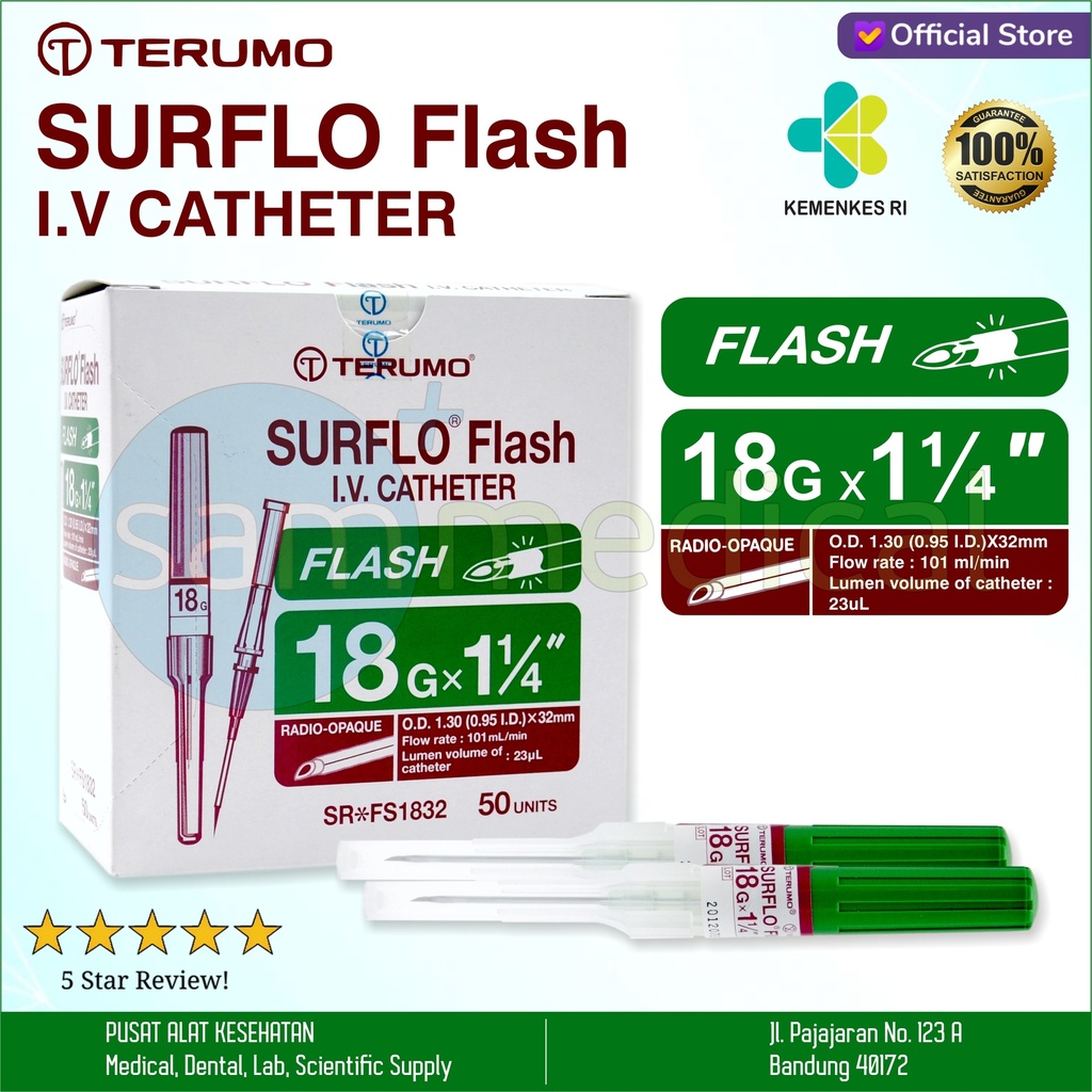 Terumo Surflo Flash IV Catheter 18G x 1-1/4" (Hijau) | sam medical
